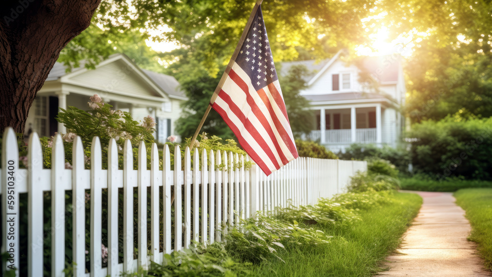 American flag proudly displayed on a white picket fence, surrounded by ...