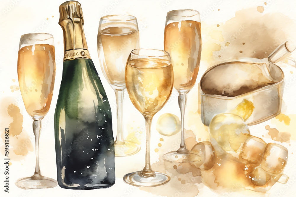 Champagne Themed Watercolor Clipart With Golden Frames, Sparkling Wine ...