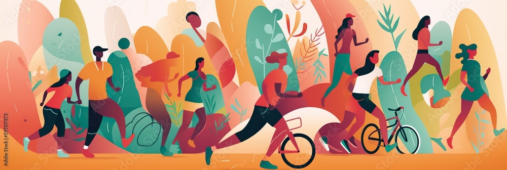 Colorful image of diverse people engaging in physical activity ...
