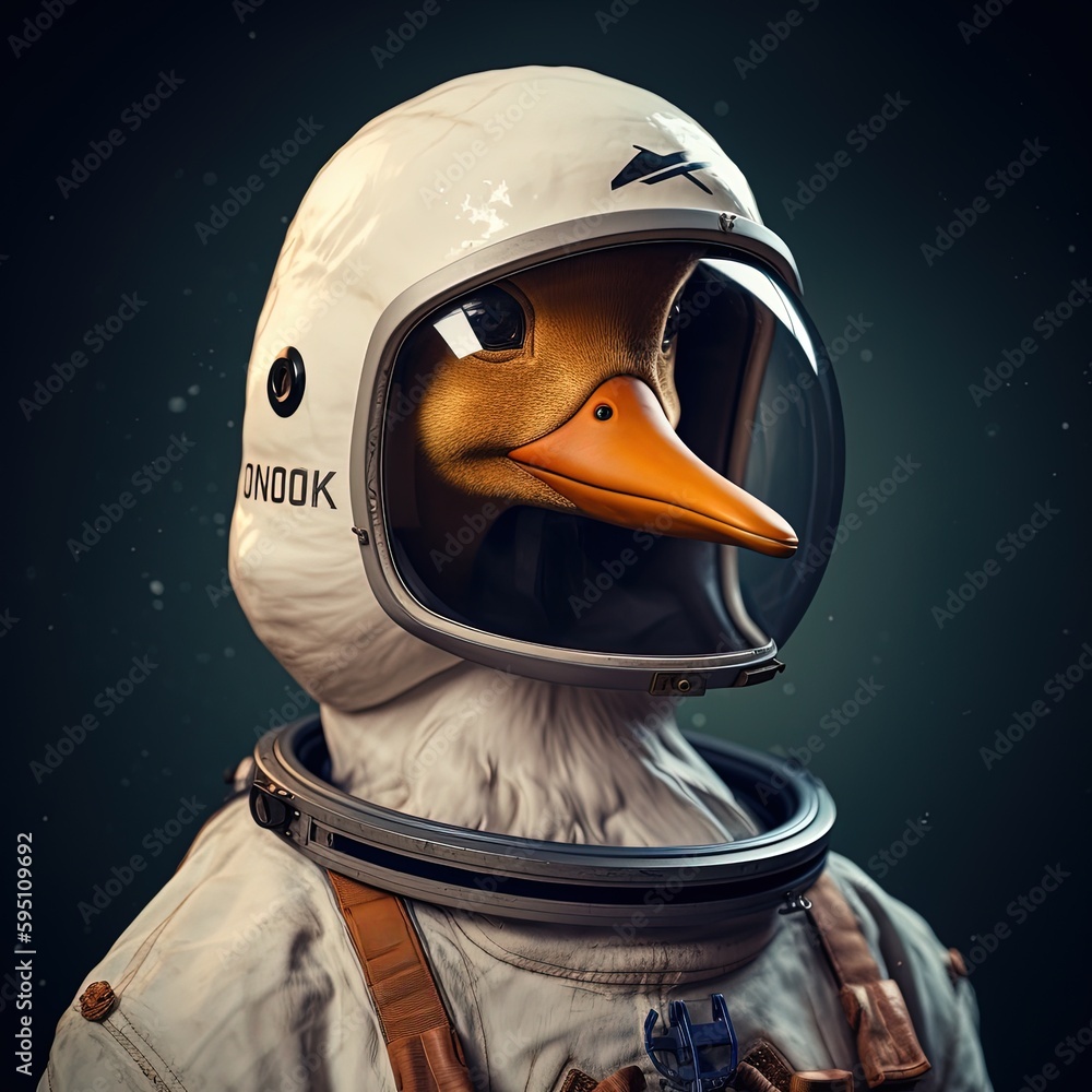 Duck astronaut wearing space suit, in space. Concept of cosmos ...