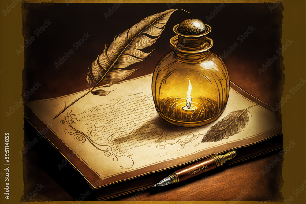 Antique quill pen and inkwell illustration lit by a warm light. Warm ...