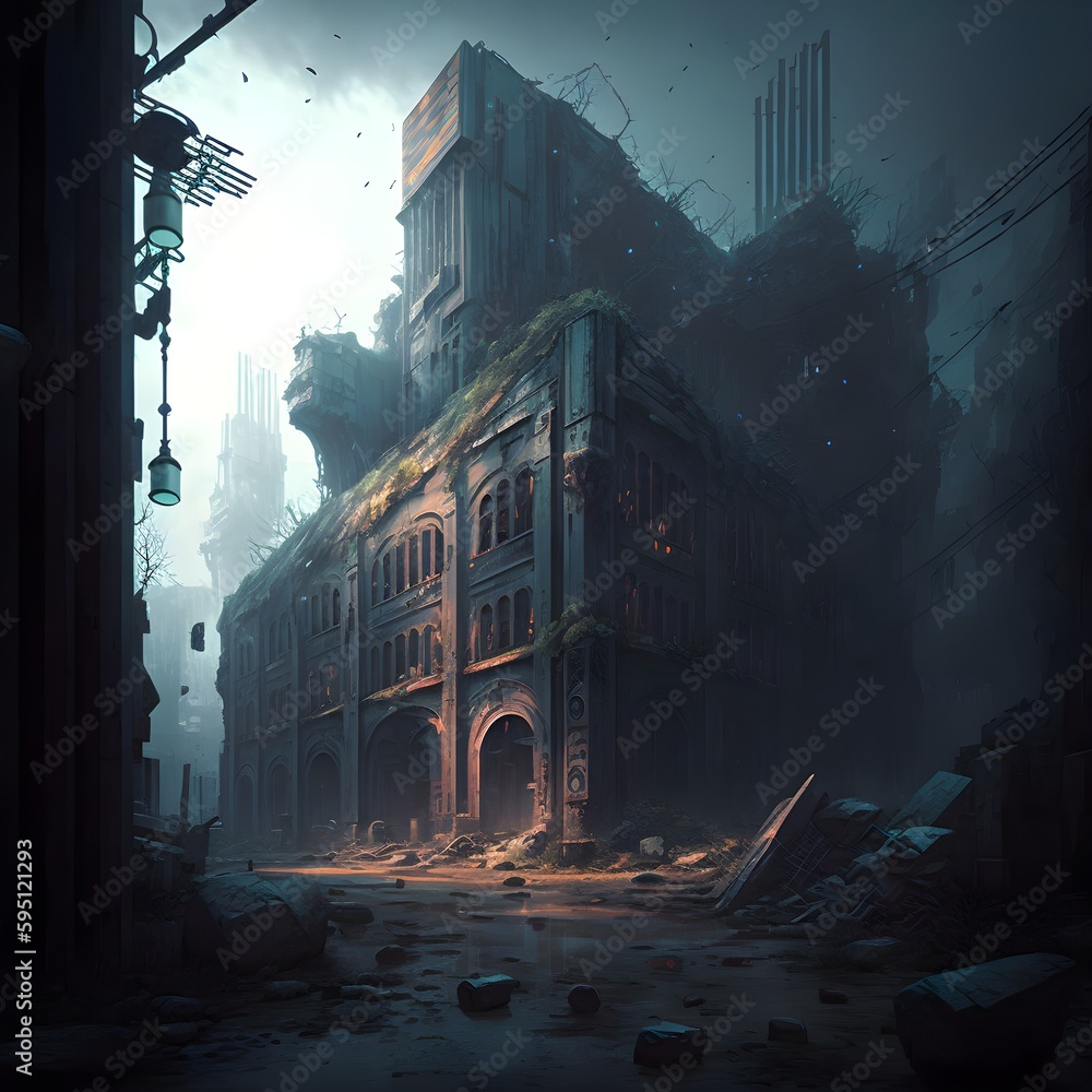 frightening ghost haunting sci fi ruined megacity buildings dense long ...