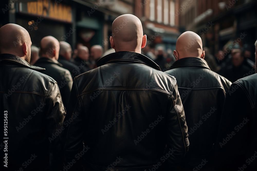 Back view of group of skinhead neo-nazis in leather jackets. Generative ...