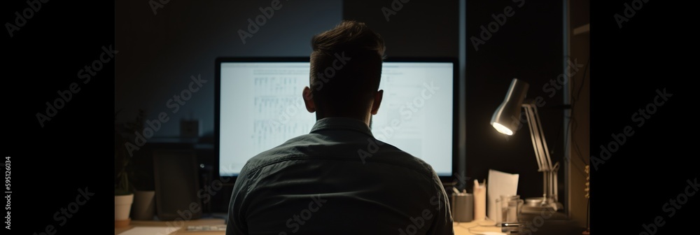 Rear view of person staring at computer, with a blank document or ...