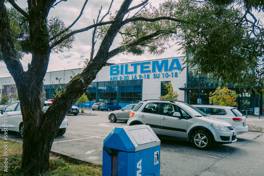 Helsinki, Finland - August 22, 2022: BILTEMA store. Blue sign above ...