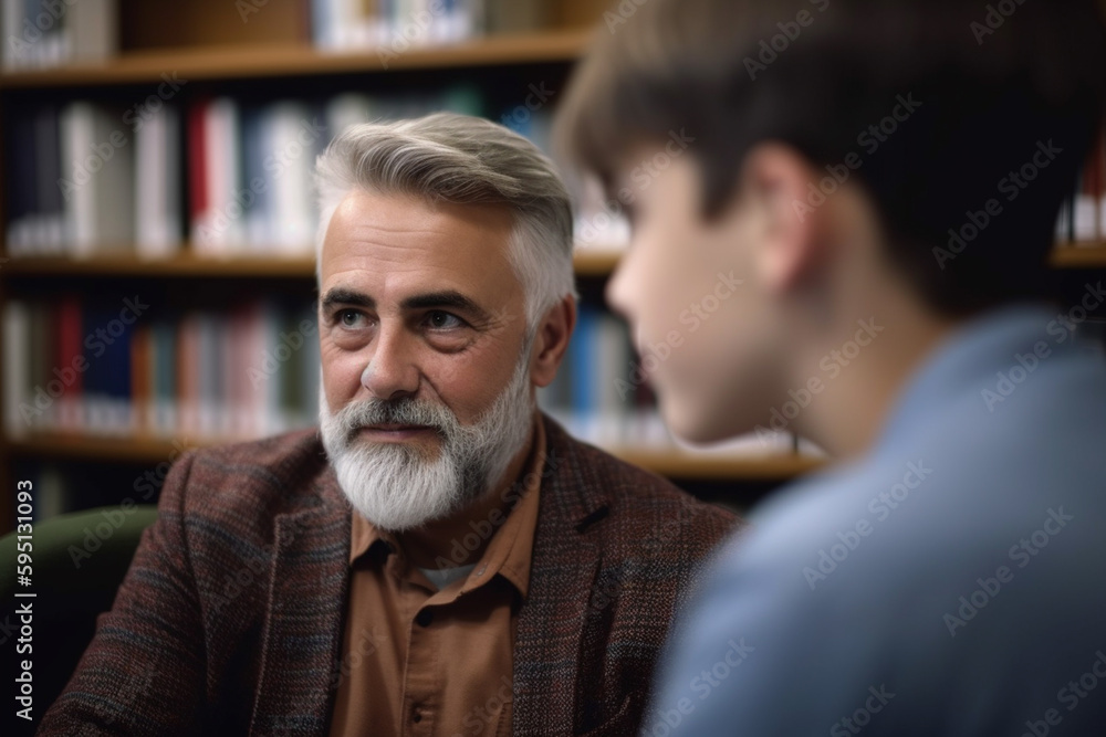 middle aged man and young child, fictional scene, teacher and young ...