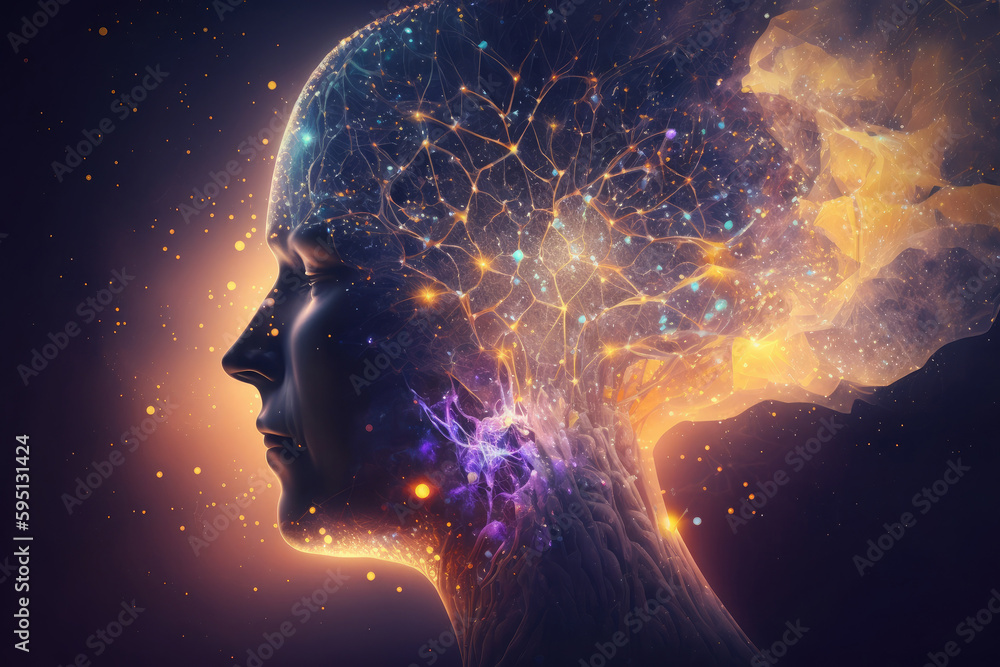 Astral body woman silhouette bust at abstract space background neural ...