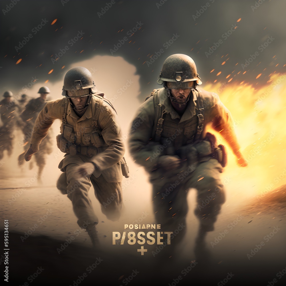 3d wwII soldiers running in a dynamic pose explosion on the background ...