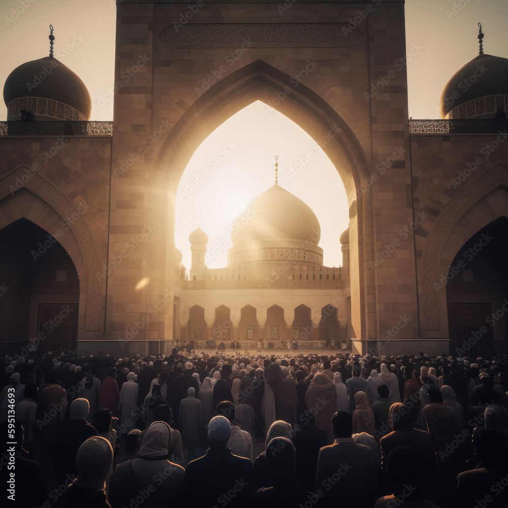 A group of people stand in front of a mosque with the sun shining ...
