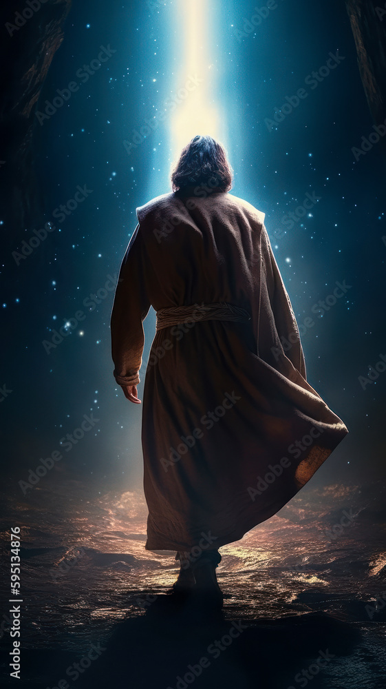 Jesus Christ walking towards the bright cosmic horizon. Jesus Christ ...