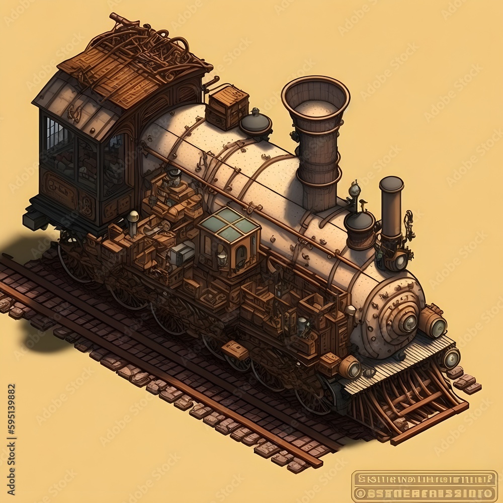 isometric steampunk train style of studio Ghibli anime style of ...