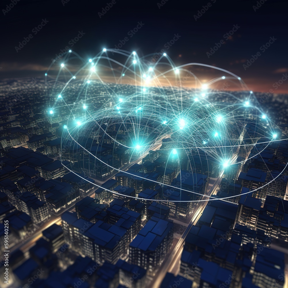 global network interface with bright blue and red neon lights and white ...