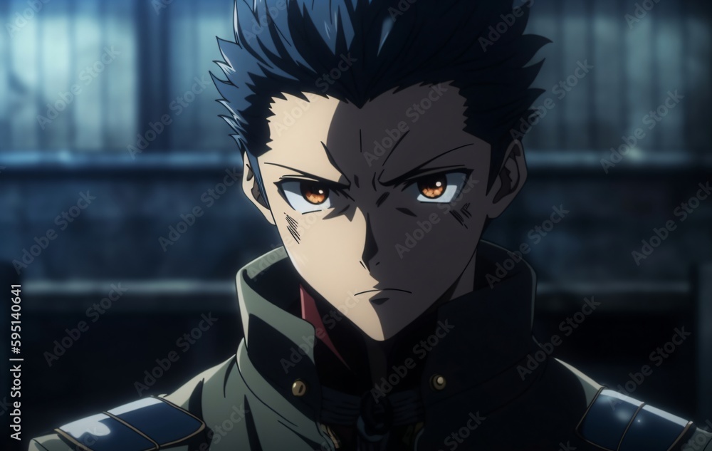 anime of a man with protruding black hair and scowl created with ...