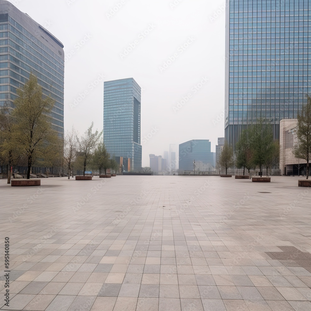 bare brick plaza levels with views of the metropolitan skyline and tall ...