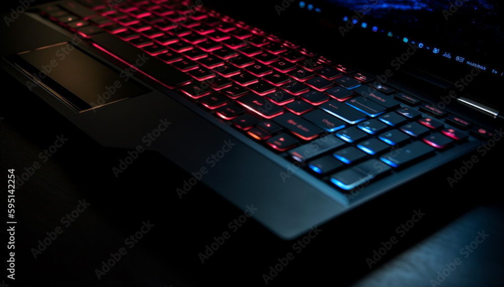 Glowing laptop keyboard illuminates dark office space generated by AI ...