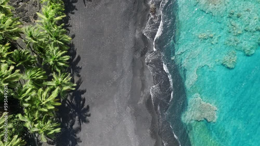 Aerial view Scene of Hawaii island with black lava sand beach. Top view ...
