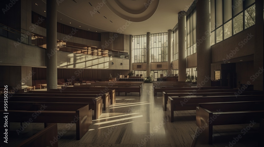 Church interior showing altar, apse, stained glass windows and large ...