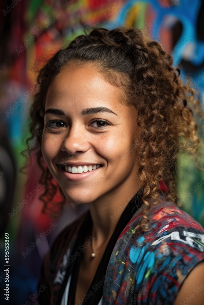 A young female graffiti artist standing proudly in front of a vibrant ...