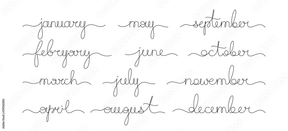 Months names line cursive calligraphy set. Calendar months of year ...