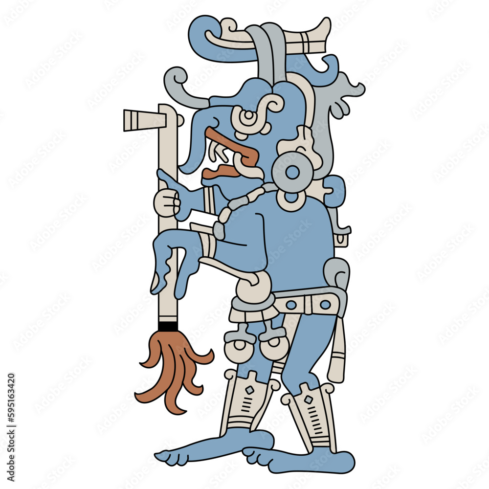Ancient Mayan monster deity holding a torch. Rain god Chaac. Codex ...