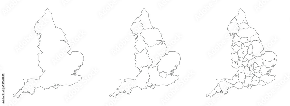 England map set of white-black outline and administrations regions map ...