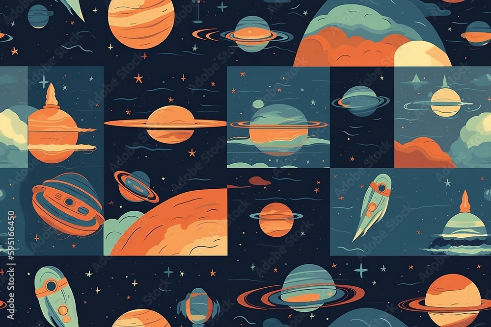 cartoon rocket ship landing on planet, seamless pattern. generative AI ...