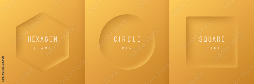 Set of realistic geometric frames hexagon, circle and square on yellow ...
