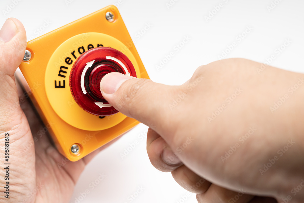 Fotka „Stop Button and the Hand of Worker About to Press it. emergency ...