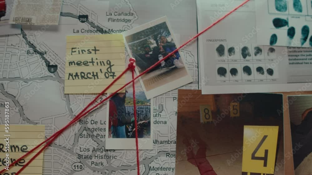 Photo of killed victim, sticky notes, map, fingerprints and pictures of ...