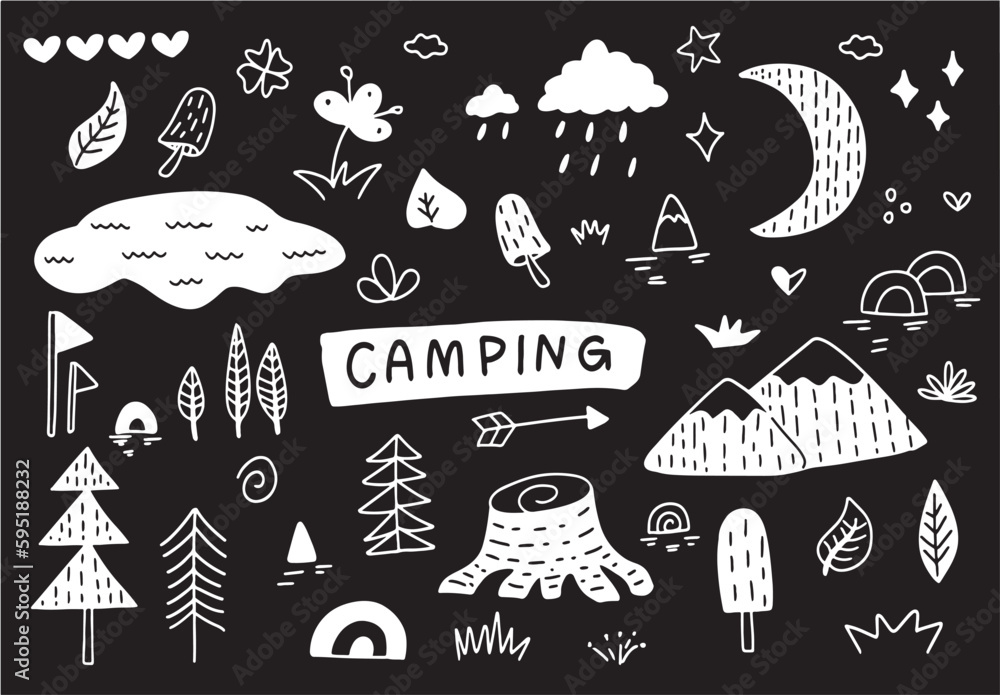 Vector - camping doodle set, outdoor or picnic concept, hand drawing on ...