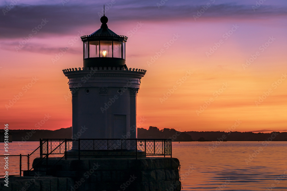 Bug Light, also known as Bug Lighthouse in Portland, Maine, at sunrise ...