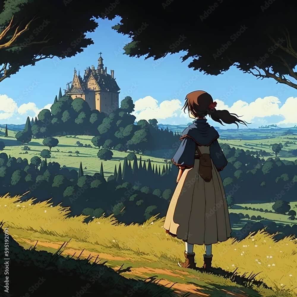 medieval girl stands atop a hill doing laundry staring out over the ...