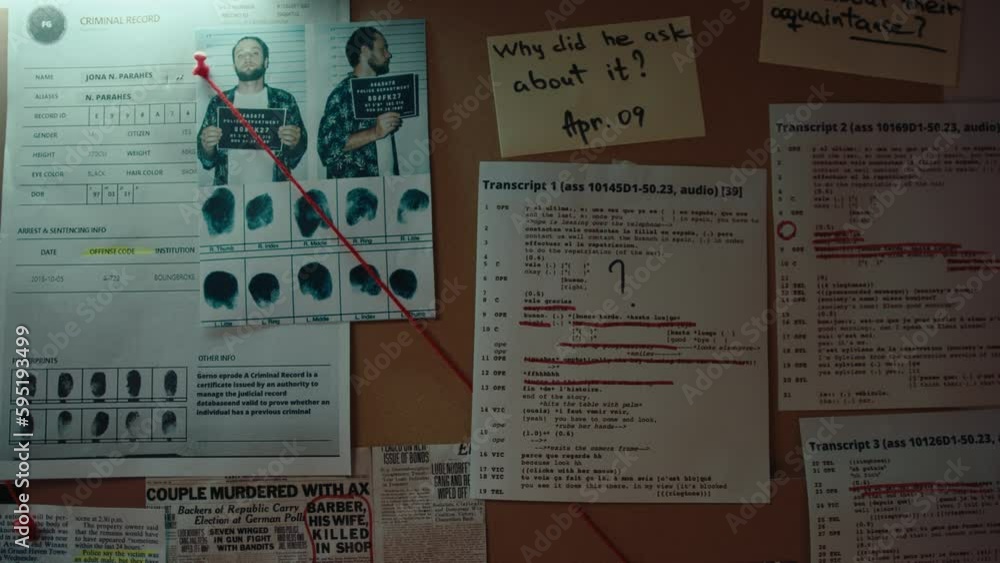 Mugshots of suspect, fingerprints, sticky notes and criminal reports ...