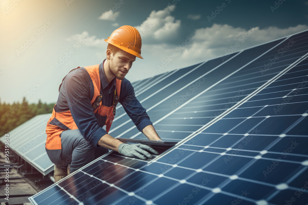 AI generated engineer man working with solar panels wind power turbines ...