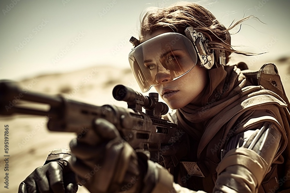 extreme low angle cinematic action upper body photograph of a beautiful rebel woman sniper lying ...