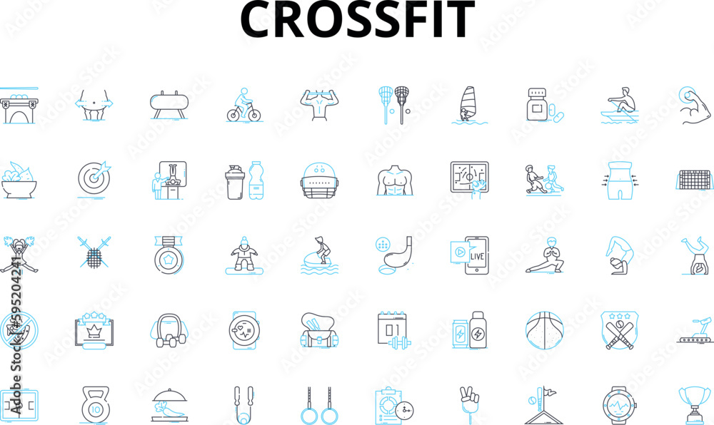 Crossfit linear icons set. WOD, Box, Reps, AMRAP, EMOM, Kipping ...