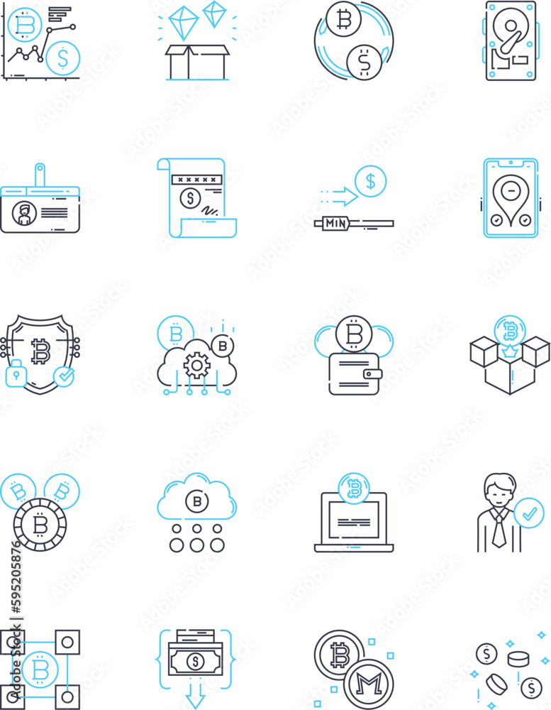 Decentralized economy linear icons set. Blockchain, Cryptocurrency, Peer-to-peer, Distributed ...