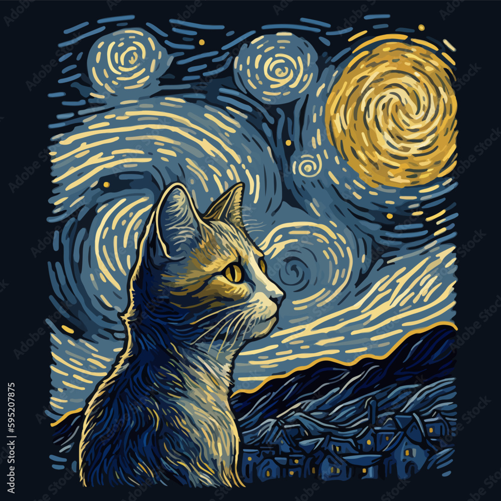 Cute brooding kitty under starry sky, Van Gogh-style vector art with a ...