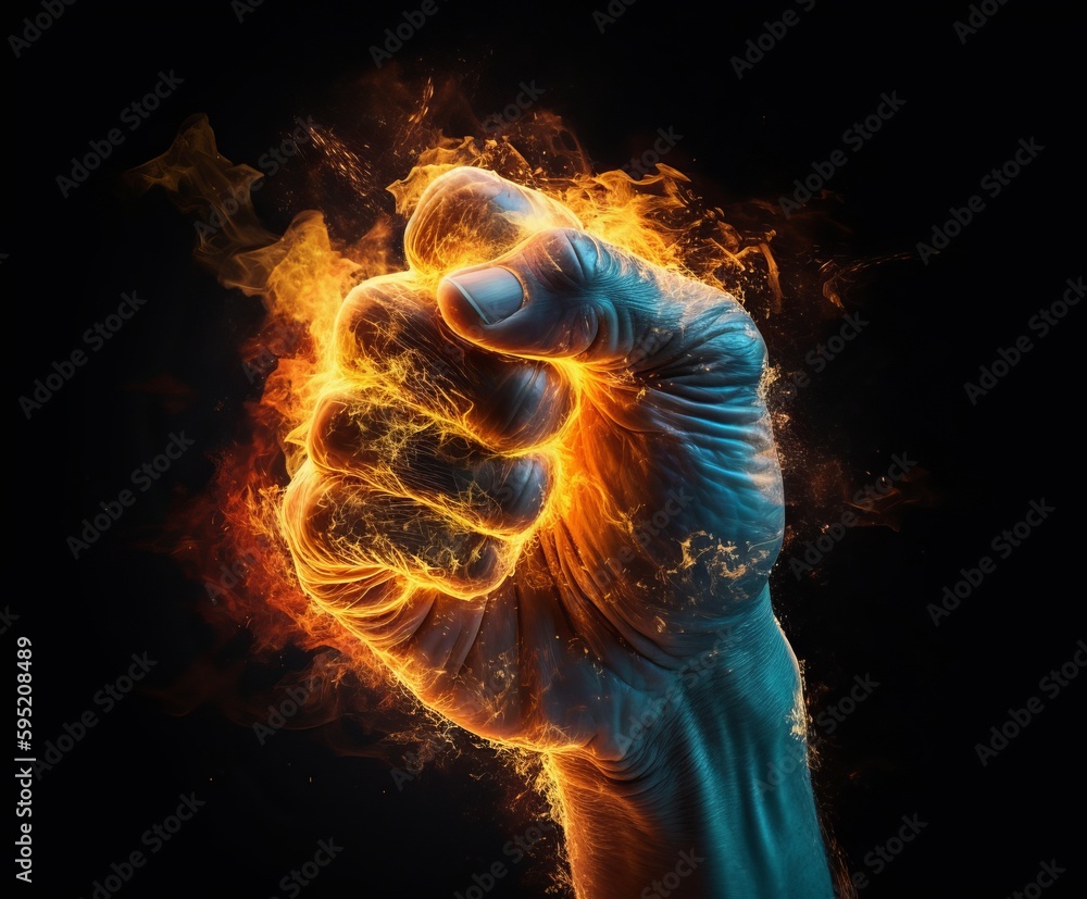 Mans power fist in the blue and yellow fire. Ukrainian power. Hand of ...