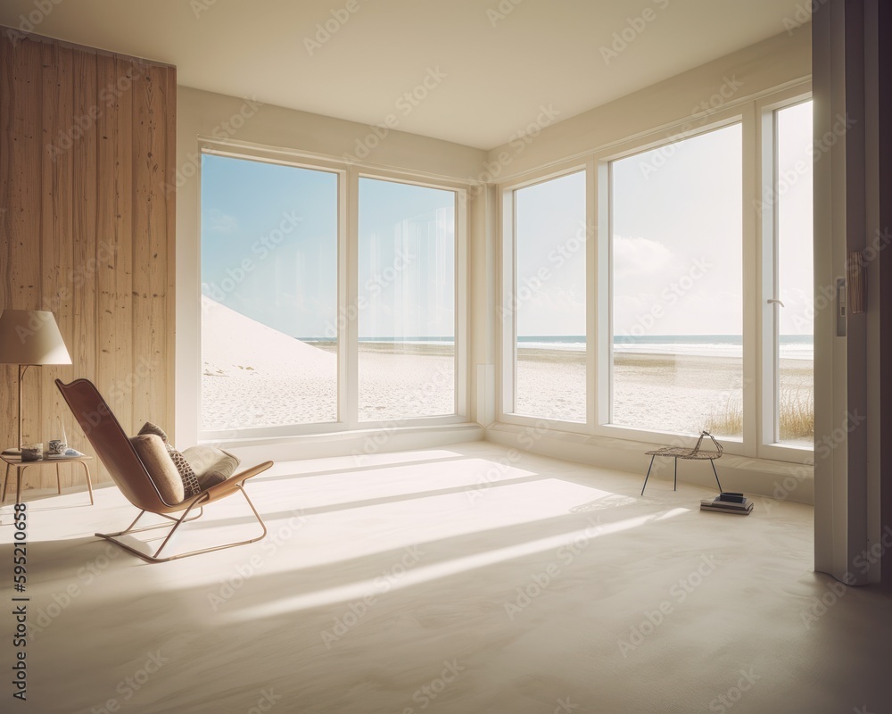 clear empty room sand walls big rectangular window one chair lamp view ...