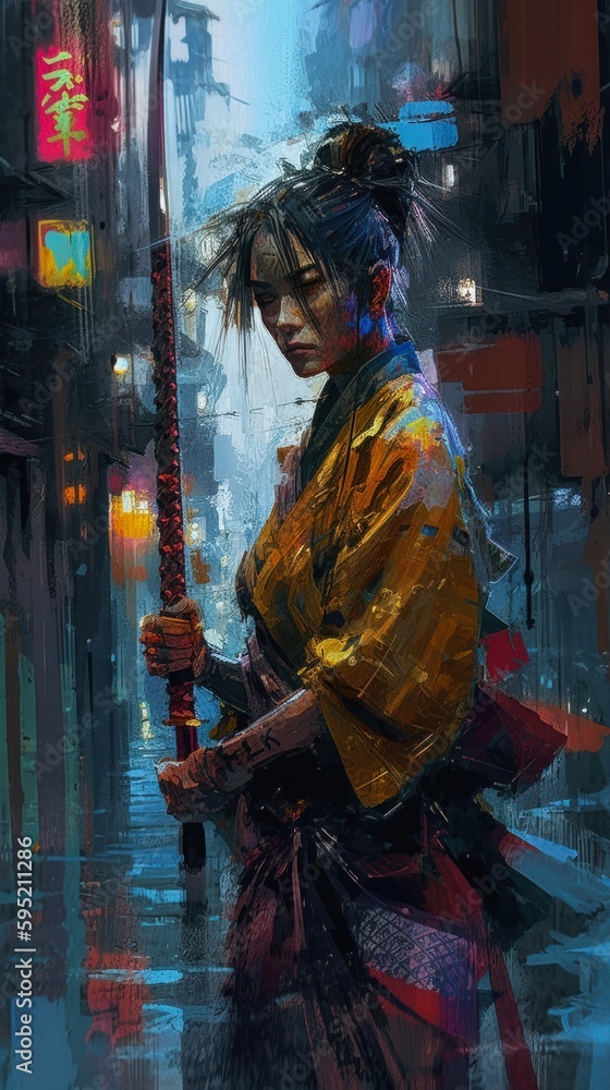 woman samurai color theory impasto kimono outfit holding sword cover ...