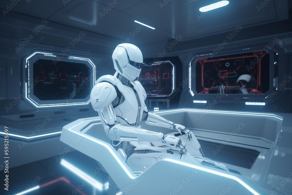 robot cyborg in a control room flying a white modern spaceship with ...
