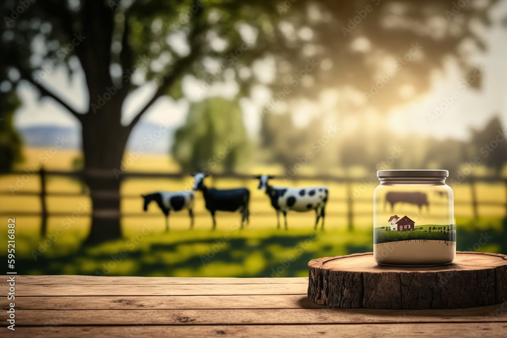 Wooden table with blurred farm background on harvesting season ...