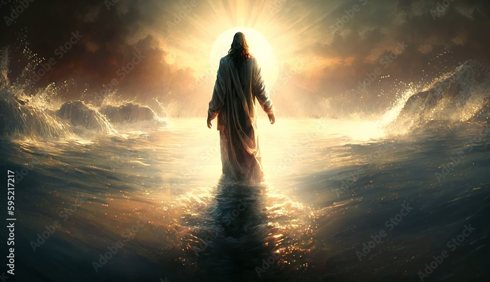 Christian God Jesus Christ walks on water on sea. Biblical religious ...