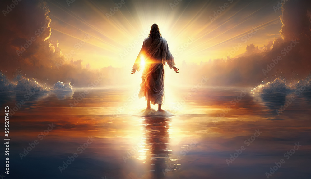 God Jesus Christ walks on water on sea at sunset with sun's holy rays ...