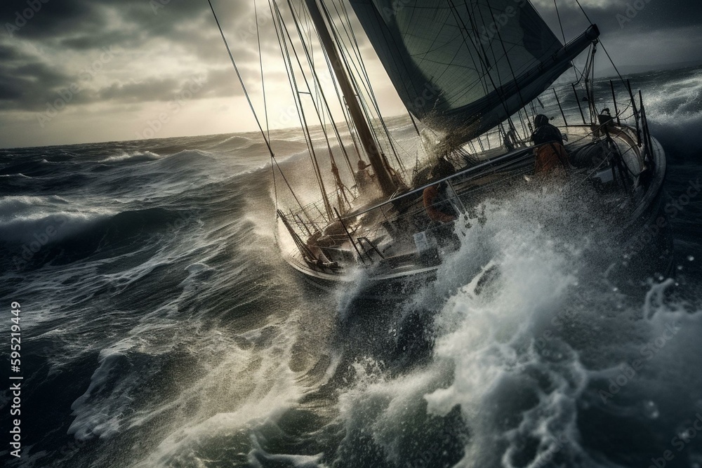 Sailboat battles stormy waves at sea, evoking travel, daring, risk, and ...