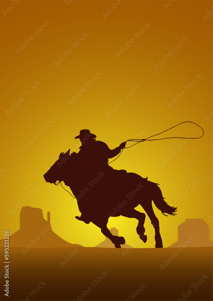 Rodeo competition tournament, sunset background. Vector poster cowboy ...