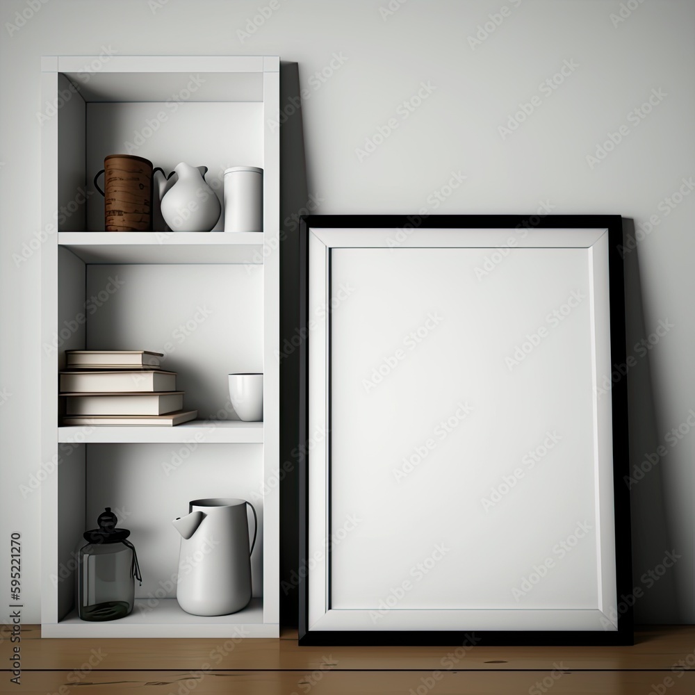 Blank black picture frame standing on a kitchen shelf. Mockup/Copyspace ...