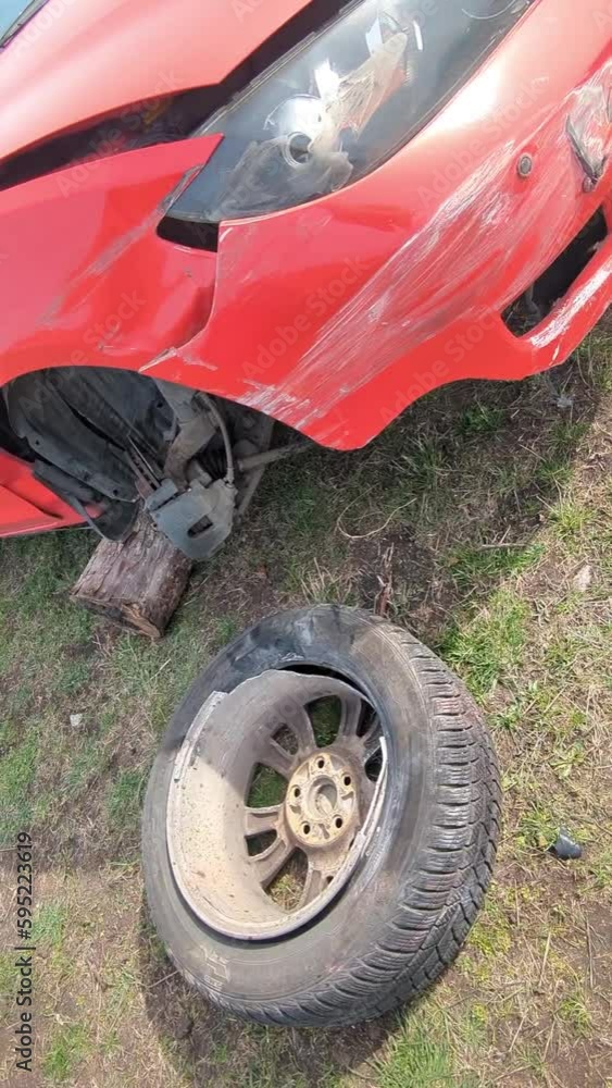 A car after a traffic accident, a broken headlight, a torn wheel, a ...