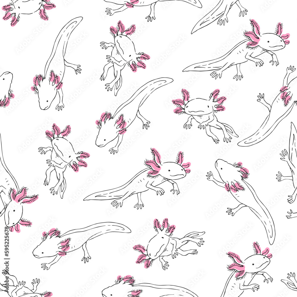 Vector seamless pattern with cute axolotl in sketch style isolated on ...